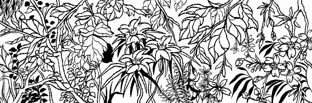 Flowers and leaves in forest vectors art patterns trees outline ...