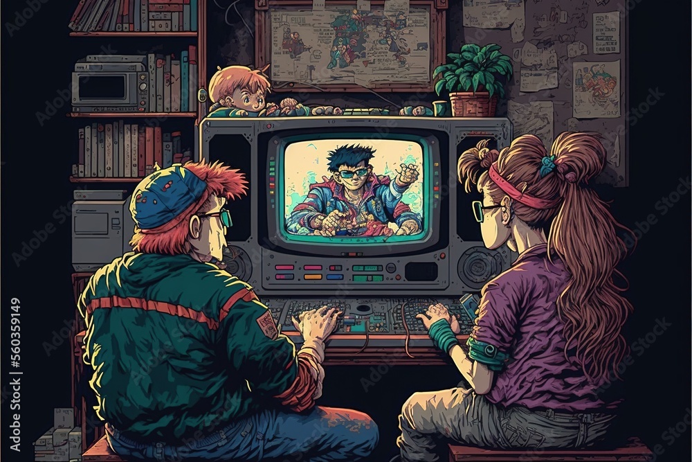 A retroactive group of young people gaming in a style of 1990s point ...