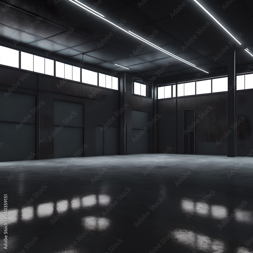 interior of a modern building, a dark empty warehouse with space for ...