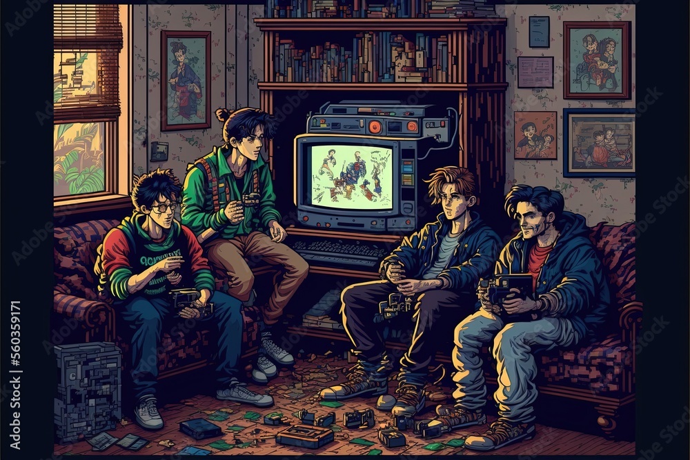 A retroactive group of young people gaming in a style of 1990s point ...
