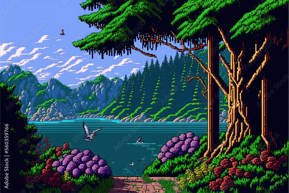 Retroactive nature shot in a style of 1990s point and click 16bit game ...