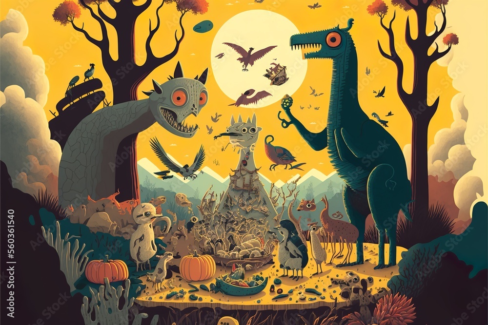 Animals and creatures, dinosaurs festival poster with little details ...