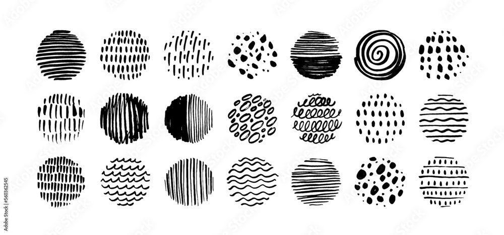 Set of round doodle shapes. Brush drawn line circle concentric pattern ...