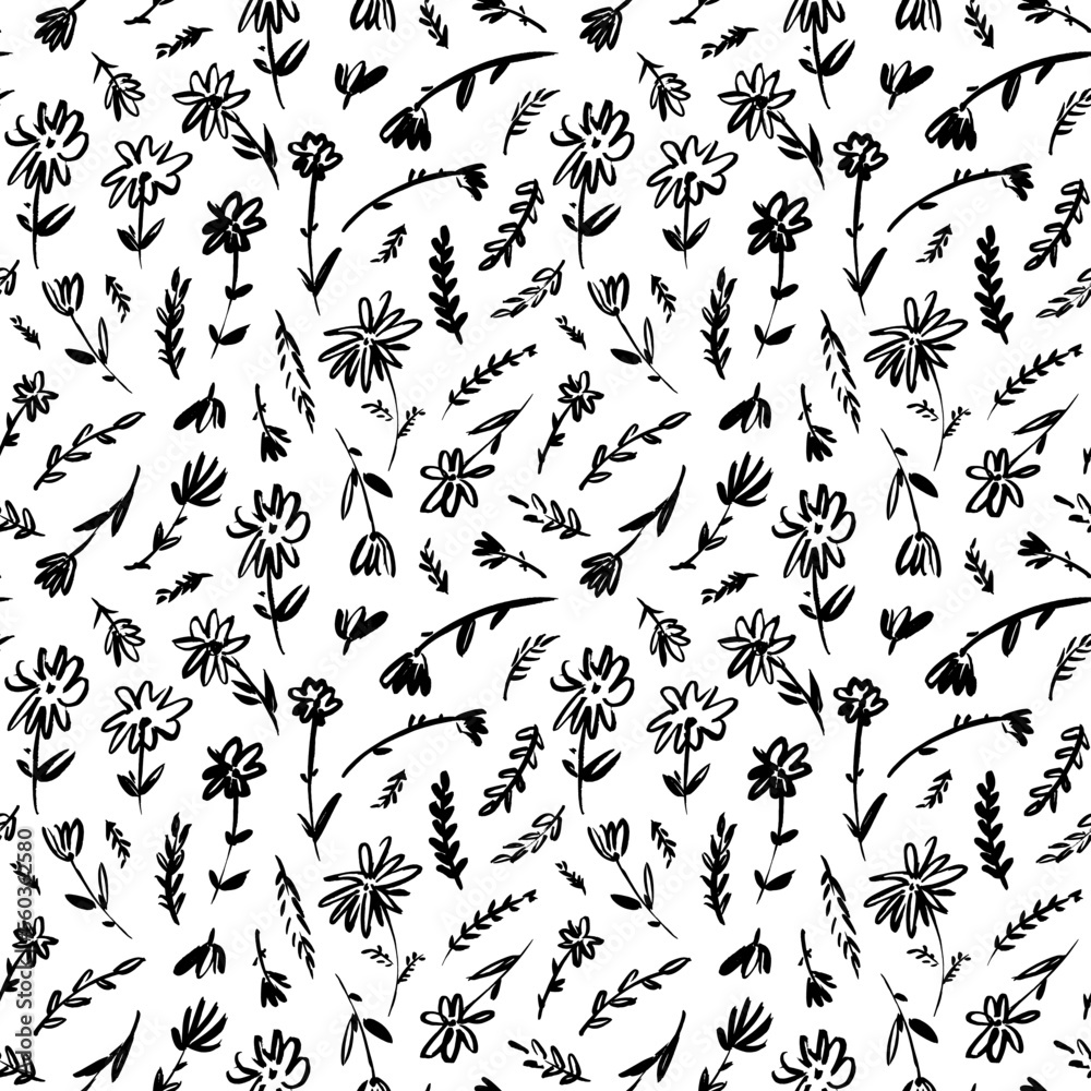Seamless brush drawn flowers pattern. Small and simple meadow flowers ...