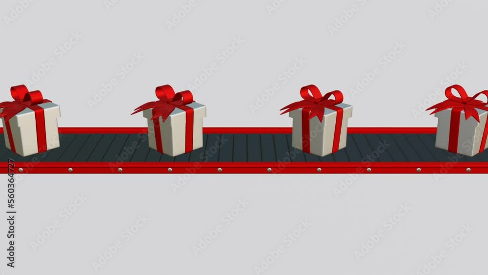 Gift box on conveyor belt on white background, 3D gifts box on conveyor ...