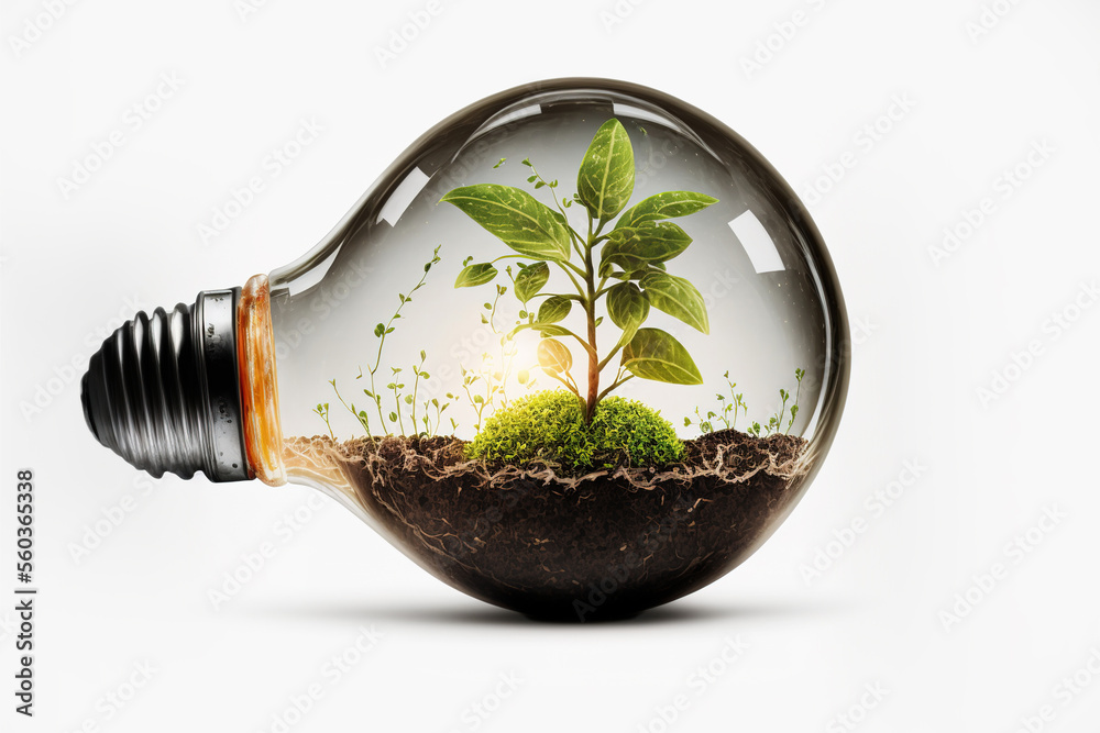 Light Bulb with sprout inside isolated in white background. Small plant ...