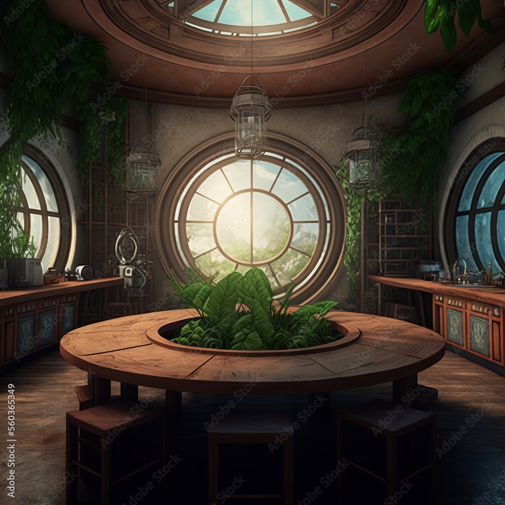 Interior of the rustic futuristic house using hydroponics for growing ...