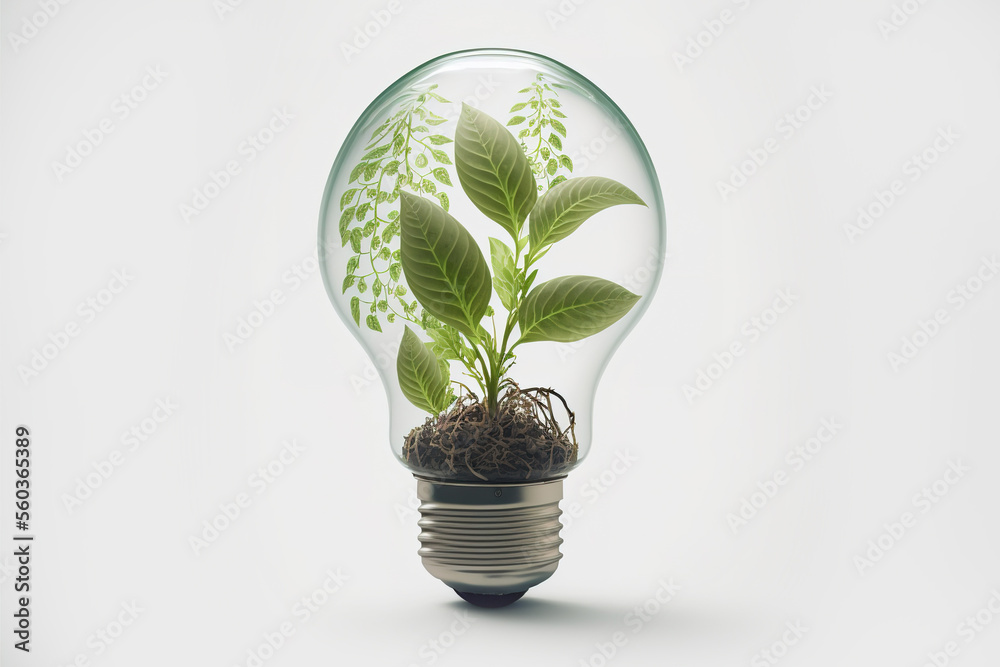 Light Bulb with sprout inside isolated in white background. Small plant ...