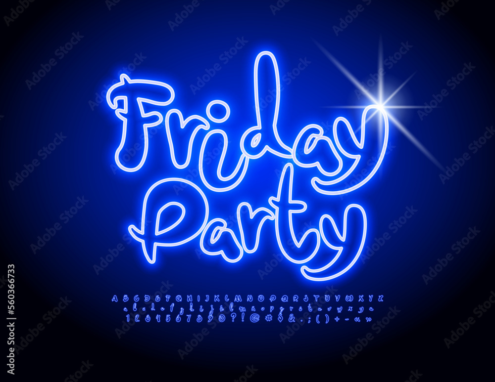 Vector playful Banner Friday Party with glowing Font. Blue Neon ...