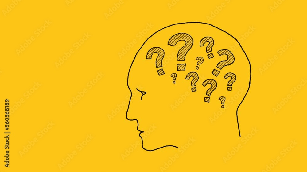 Human head with question marks inside. Animated Illustration on yellow ...
