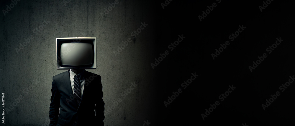 Man with TV instead of head on dark background. TV addiction ...