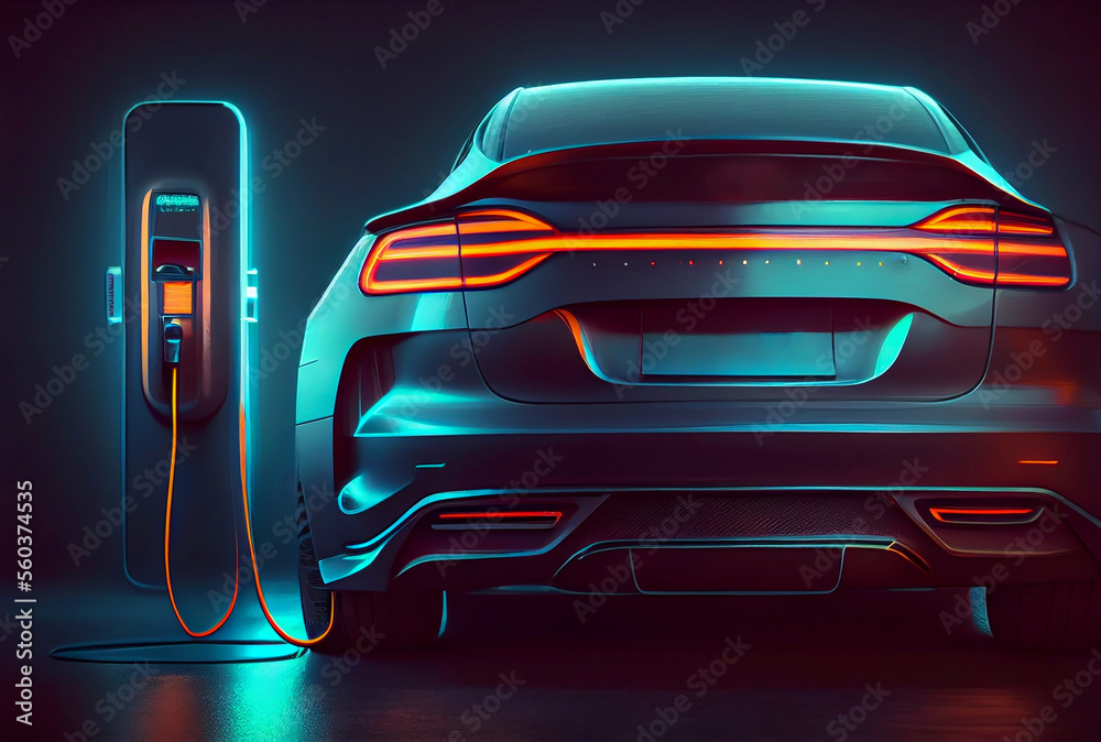 EV car with Electric charging station charger and blue glowing light ...