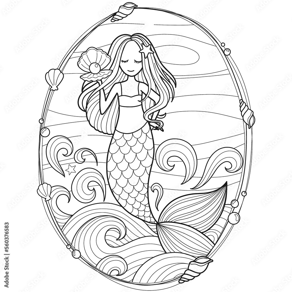 Mermaid coloring page. Underwater world coloring book. Fish contour ...