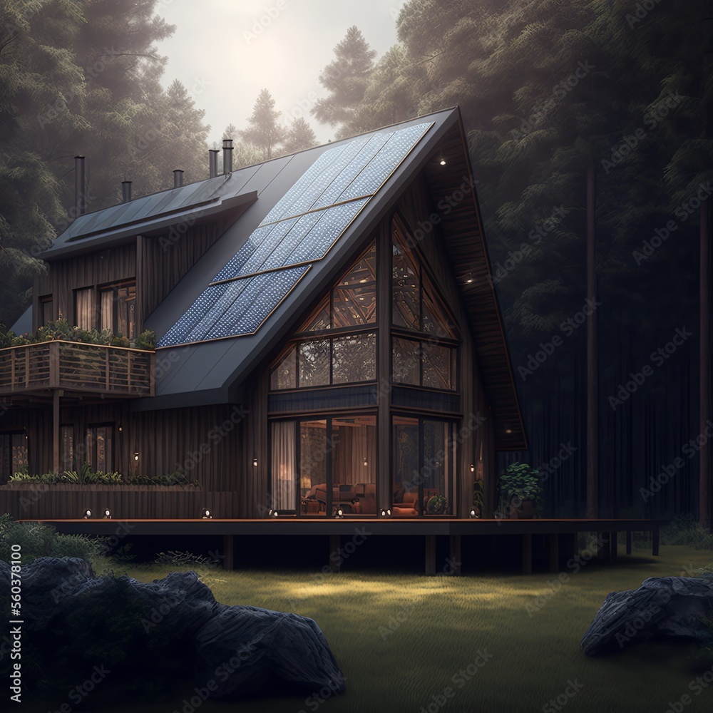 Modern wooden house in the forest with solar panels installed on the ...