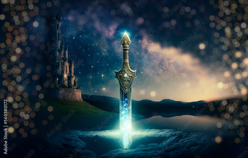 Fantasy background with a sword in a stone with light rays, moon and ...