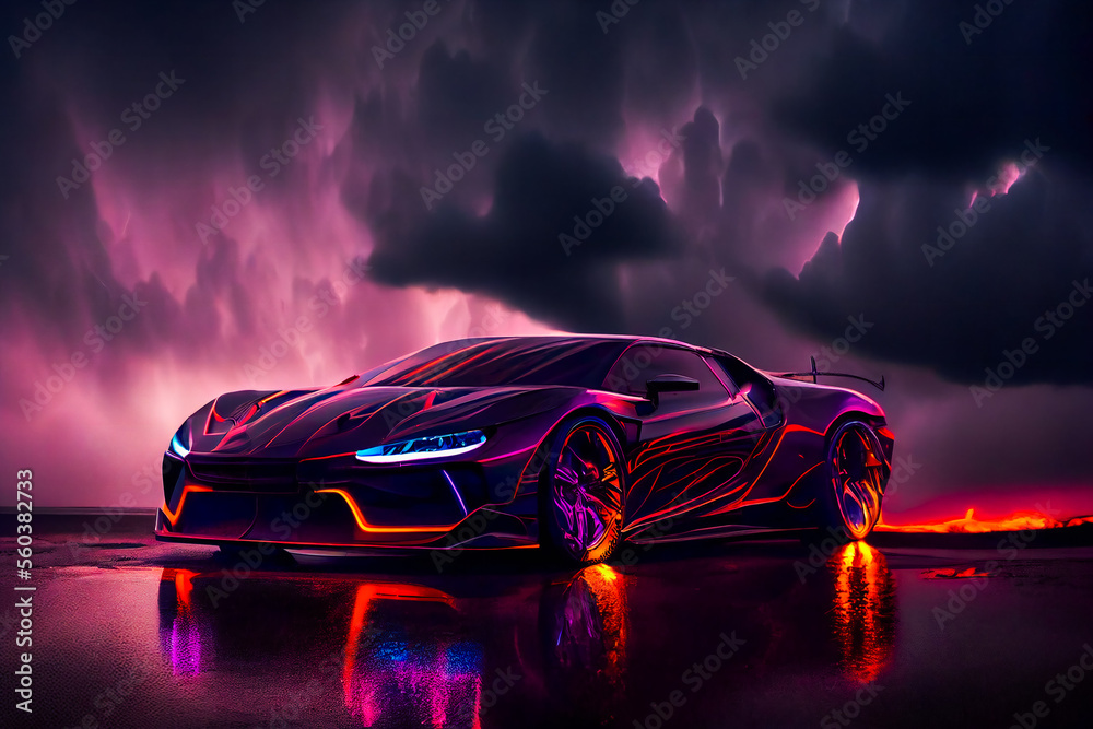 Futuristic sports car on drak dramatic cloudy environment. car riding ...