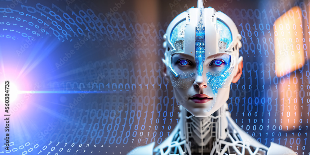 Artificial intelligence. AI head with neural network brain. Wise female face in cyberspace ...