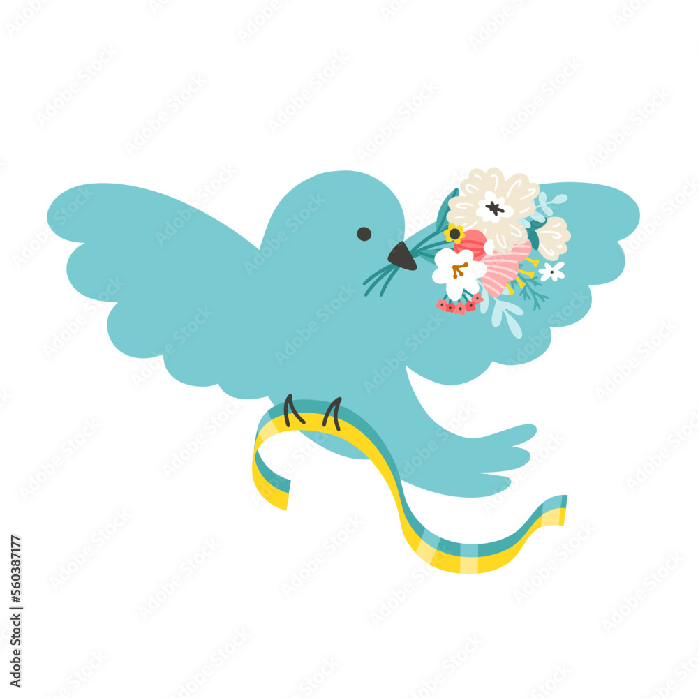 Dove of peace with flowers and a ribbon of the flag of Ukraine. Vector ...