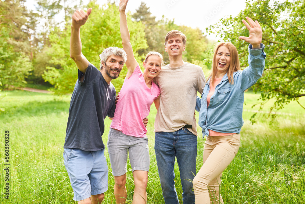Friends or siblings laugh and wave exuberantly Stock Photo | Adobe Stock