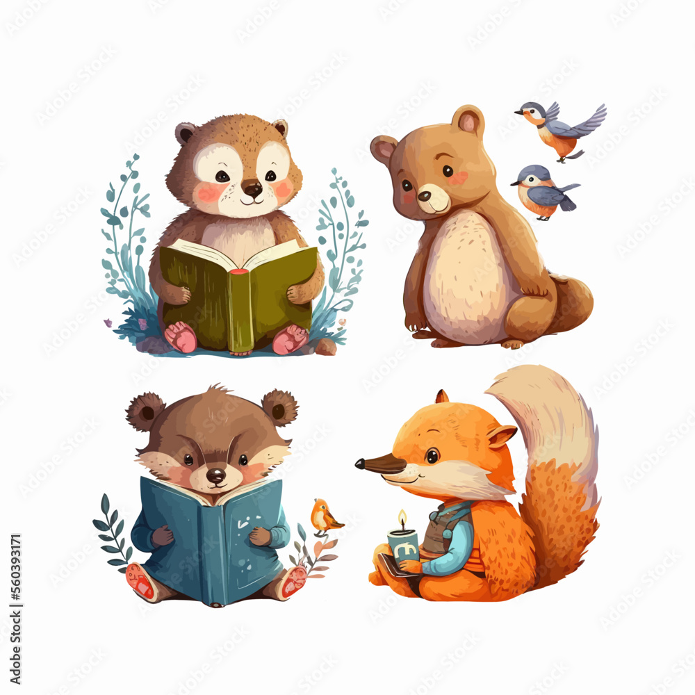 Reading animals characters, bear, lion and wolf read books. Isolated on ...