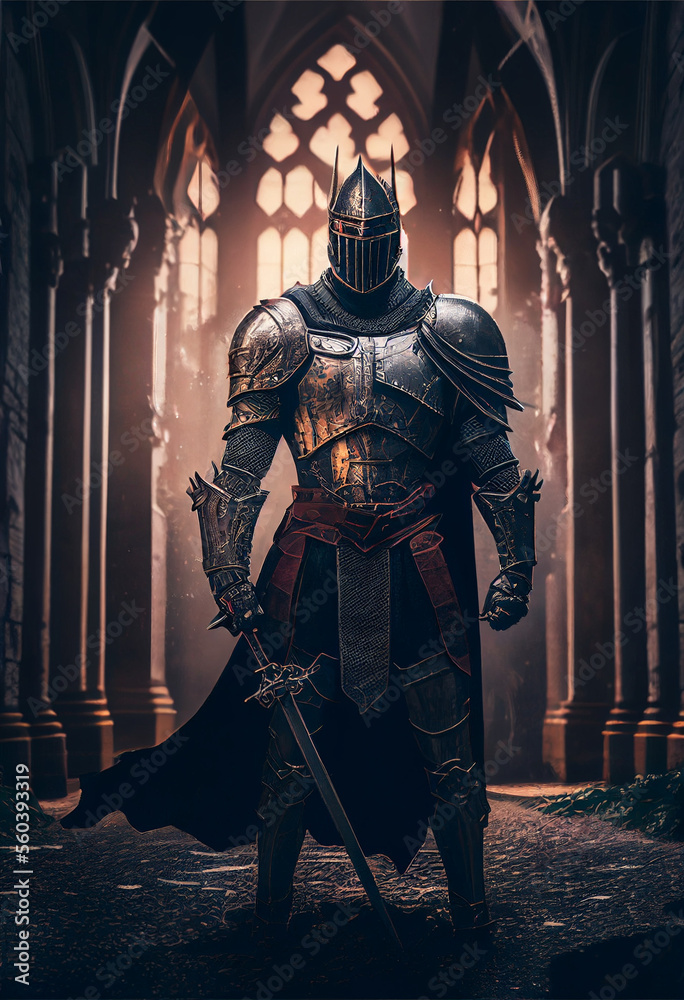 A medieval knight standing in a dark castle wearing powerful armor and ...