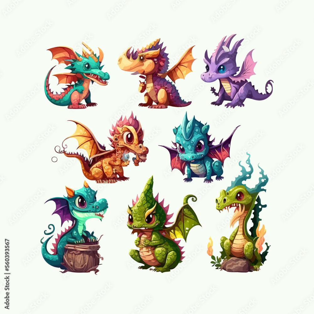 Cartoon dragon kids fantasy cute creature mascots. Isolated on ...