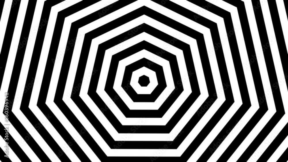 Pulsing striped center heptagon minimal black and white background loop ...