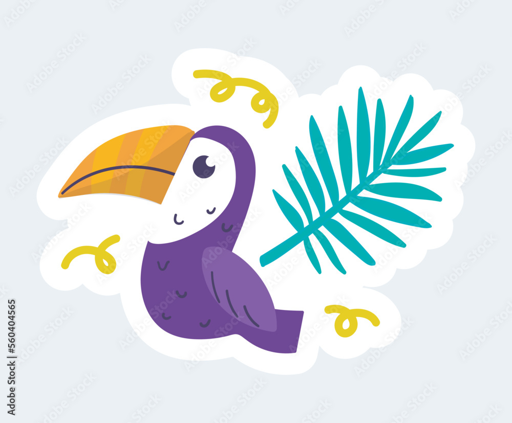 Cute toucan and jungle tropical palm leaf. Summer vacation. Vector ...