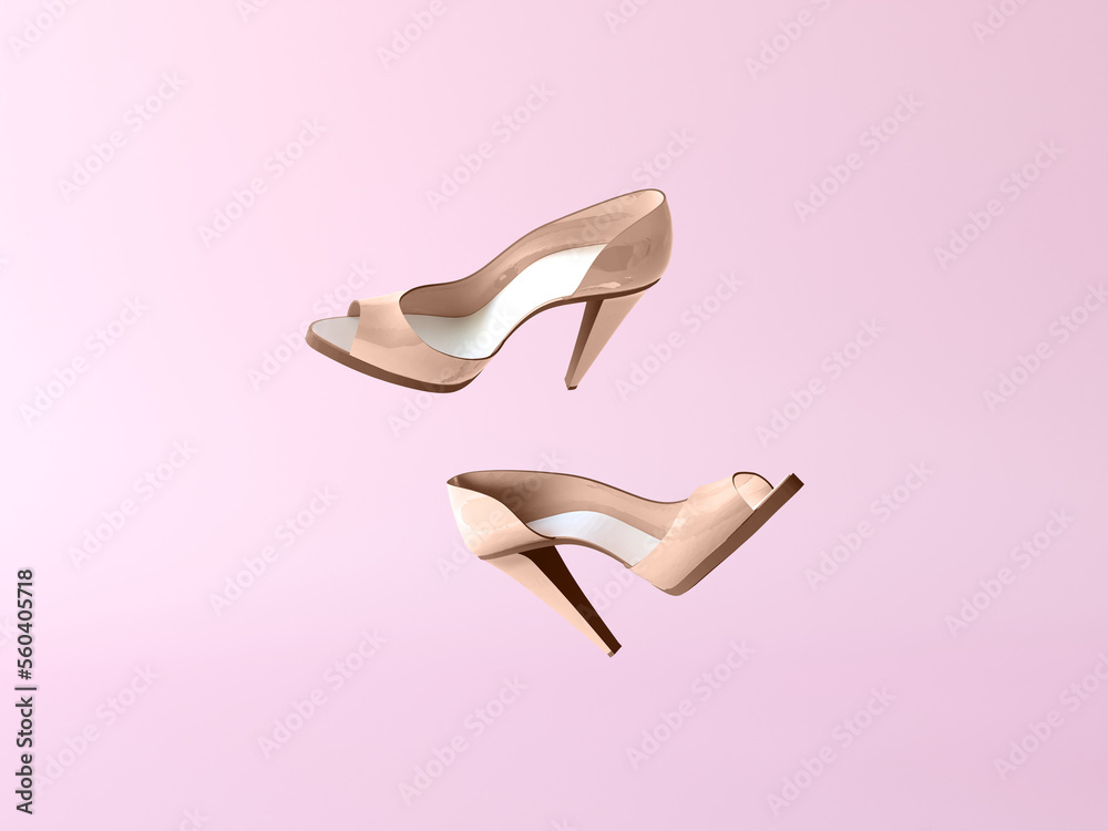 Beige high heels floating, levitate on pastel pink background. Minimal ...