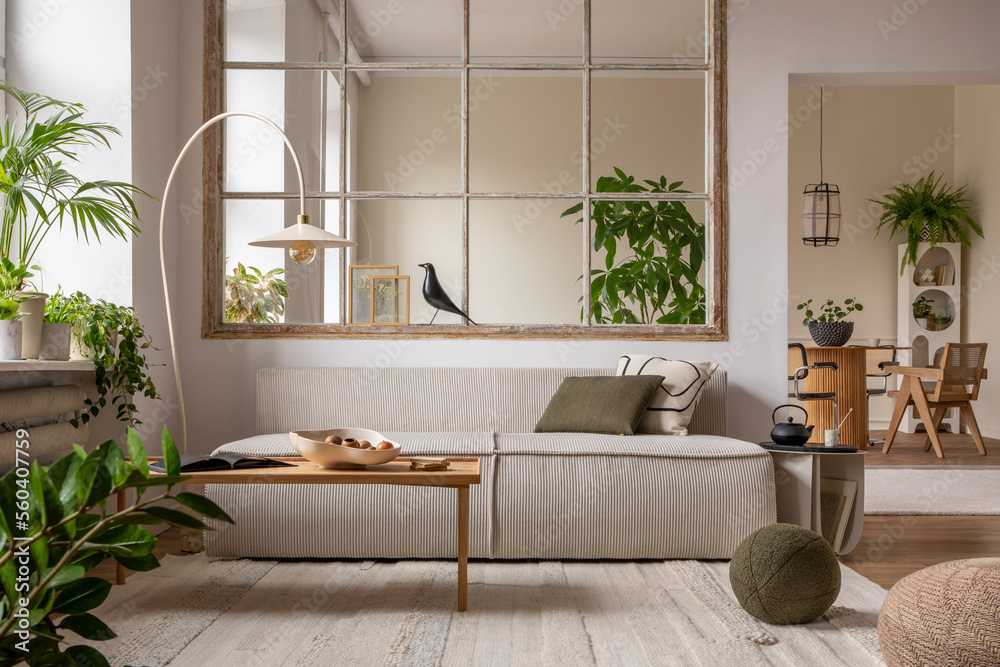 Interior design of open space interior with modular sofa, big window ...