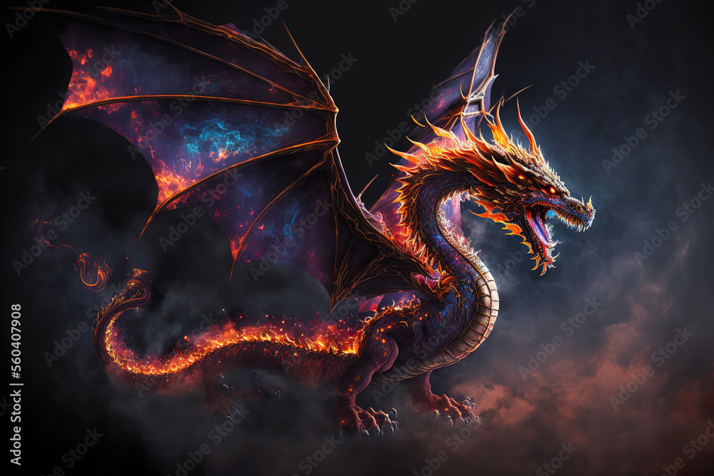 Fire breathes explode from a giant dragon in a black night, the epic ...
