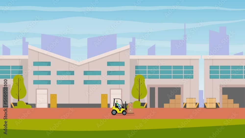 Forklift in front of warehouse or factory building 2d animation cartoon ...