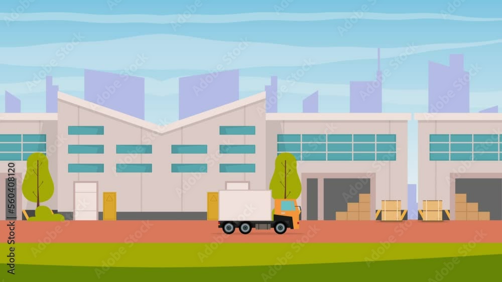 Factory building with silhouette of skyscrapers in background 2d ...