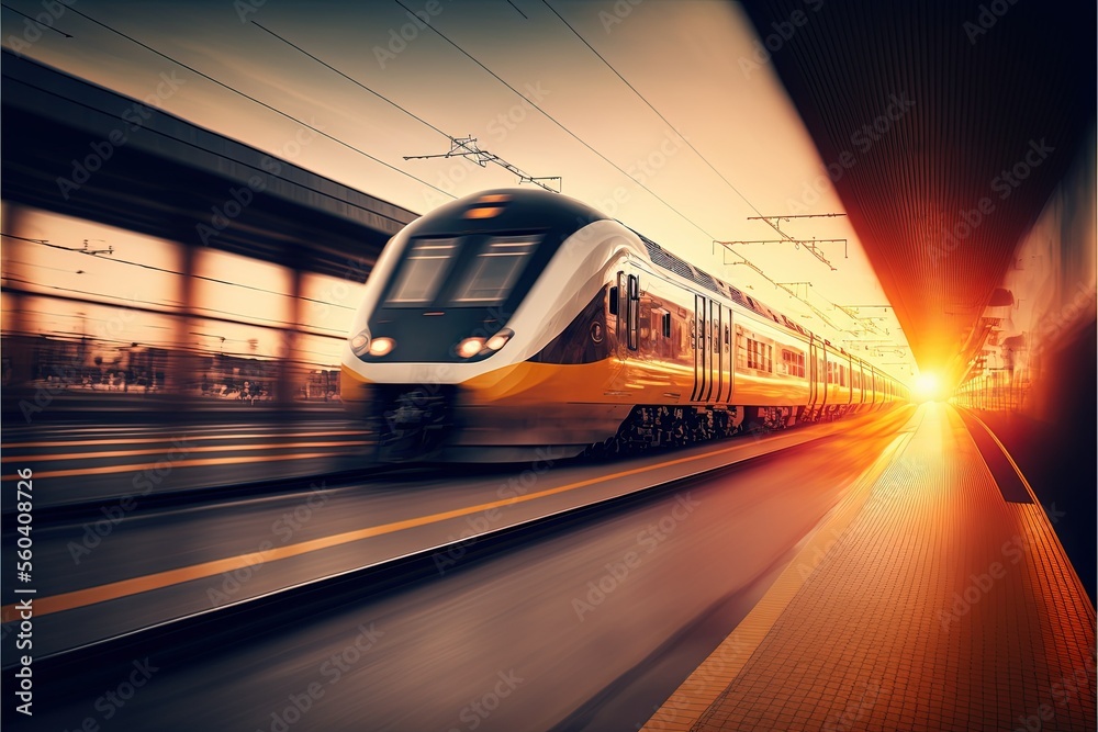 railway station with modern commuter train at suns, fast speed, ai ...