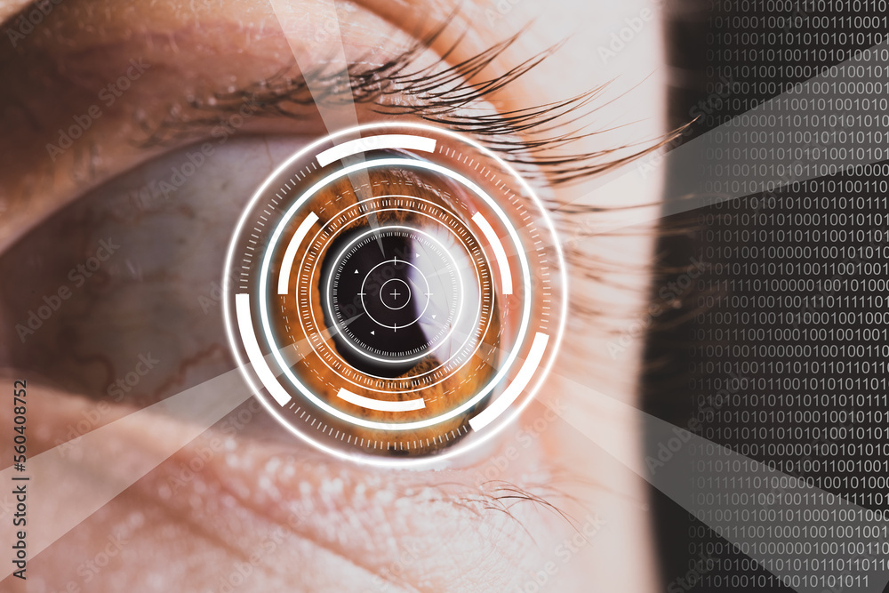 laser and glaucoma eye surgery concept, close up of eye with reticle or ...