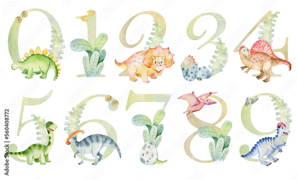 Watercolor dinosaurs numbers for invitation card, nursery poster and ...