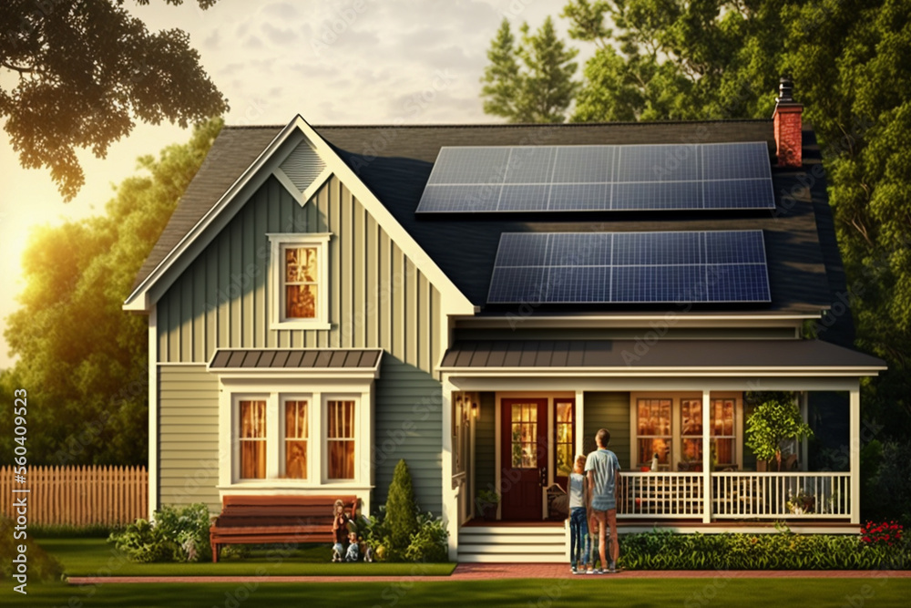 Beautiful house with solar panels, atmospheric idyllic scenes ...