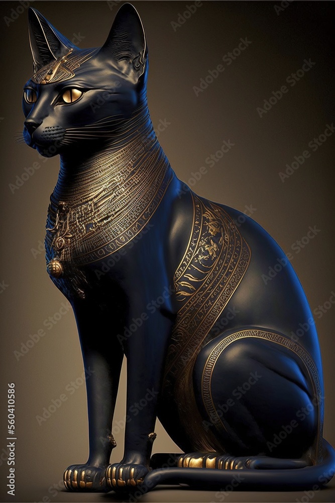 Portrait of an ancient Egyptian black cat with golden ornaments. Ancient Egyptian goddess Bastet ...