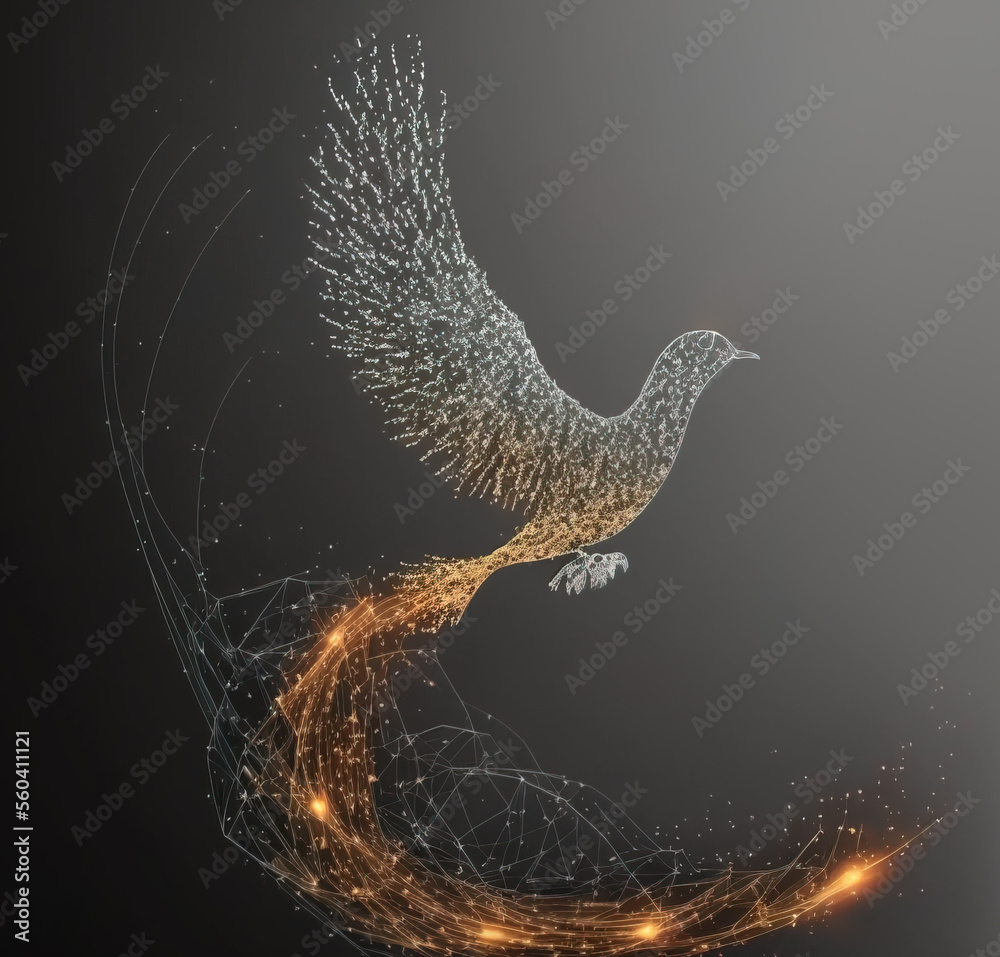 Wireframe Peace dove sign mesh from a starry on blue background ...
