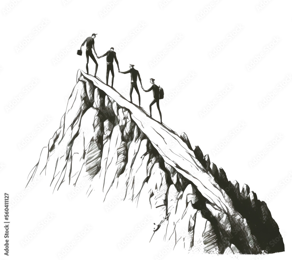 Group of people trying to climb up mountain and helping each other with ...
