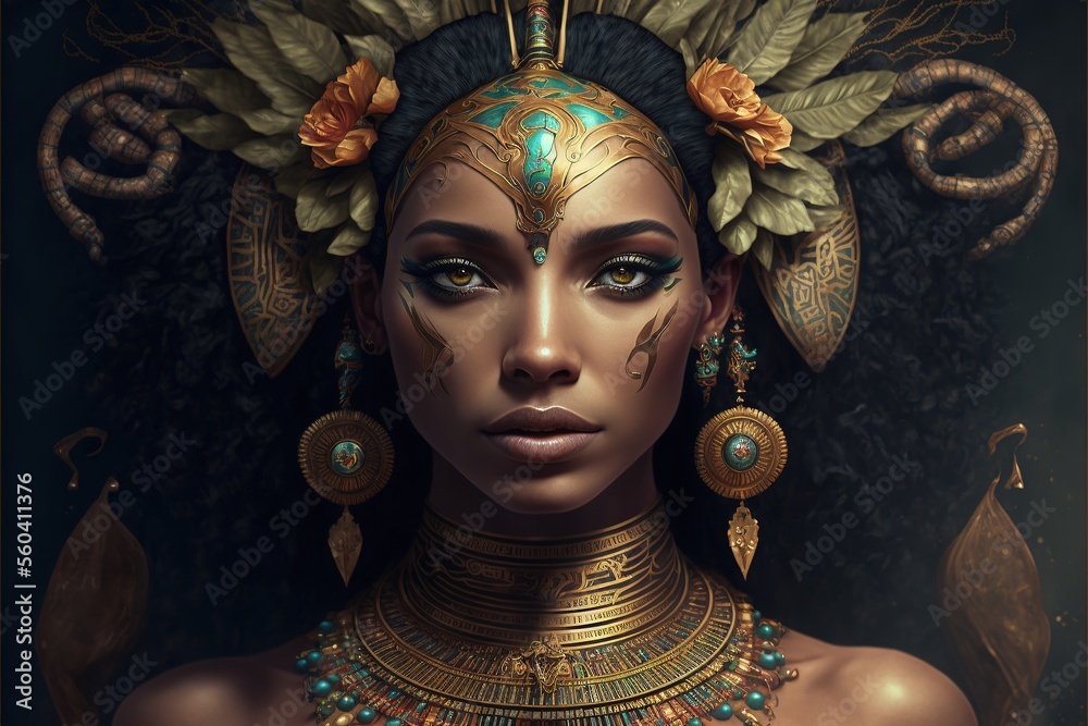 Portrait of an ancient Egyptian goddess. Beautiful young girl with the ...