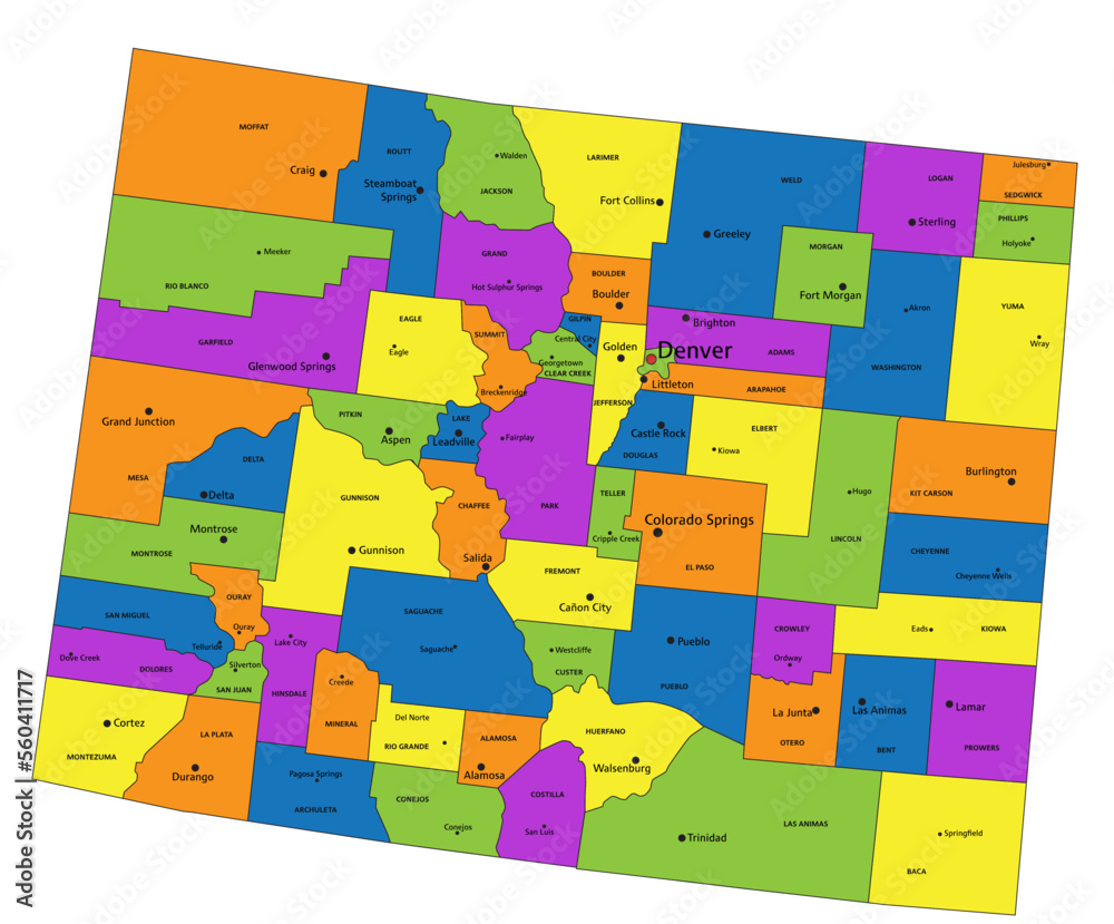Colorful Colorado political map with clearly labeled, separated layers ...