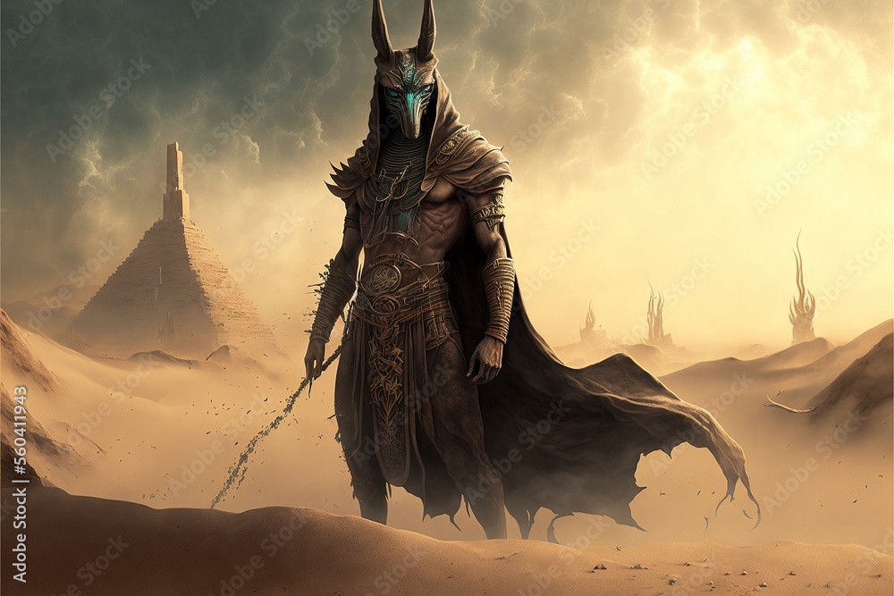 Ancient Egyptian god of death Anubis in the desert. Anubis is the lord ...