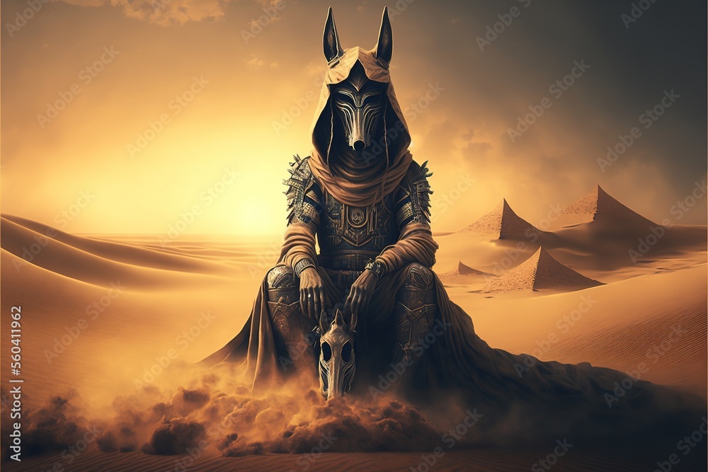 Ancient Egyptian god of death Anubis in the desert. Anubis is the lord ...