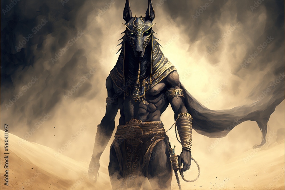 Ancient Egyptian god of death Anubis in the desert. Anubis is the lord ...
