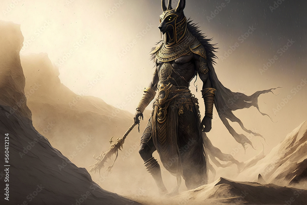 Ancient Egyptian god of death Anubis in the desert. Anubis is the lord ...