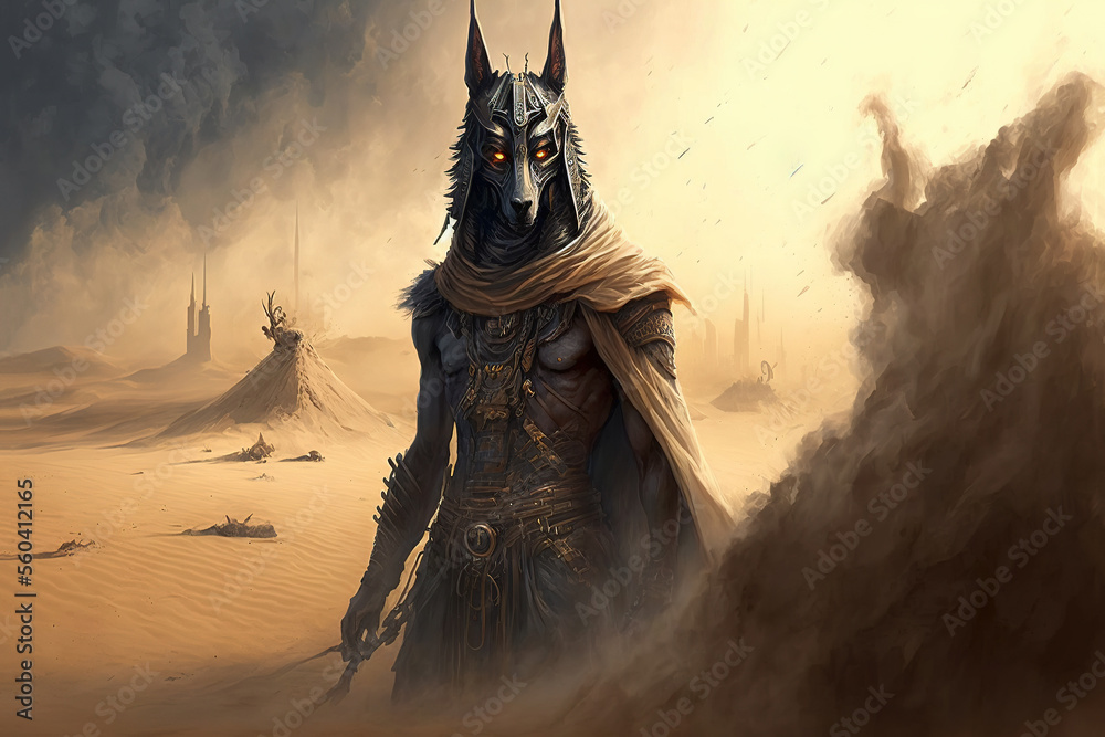 Ancient Egyptian god of death Anubis in the desert. Anubis is the lord ...