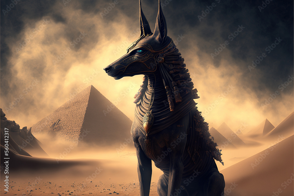 Ancient Egyptian god of death Anubis in the desert. Anubis is the lord ...