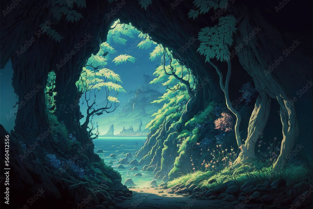 Deep and dark cave. Superb anime-styled and DnD environment Stock ...