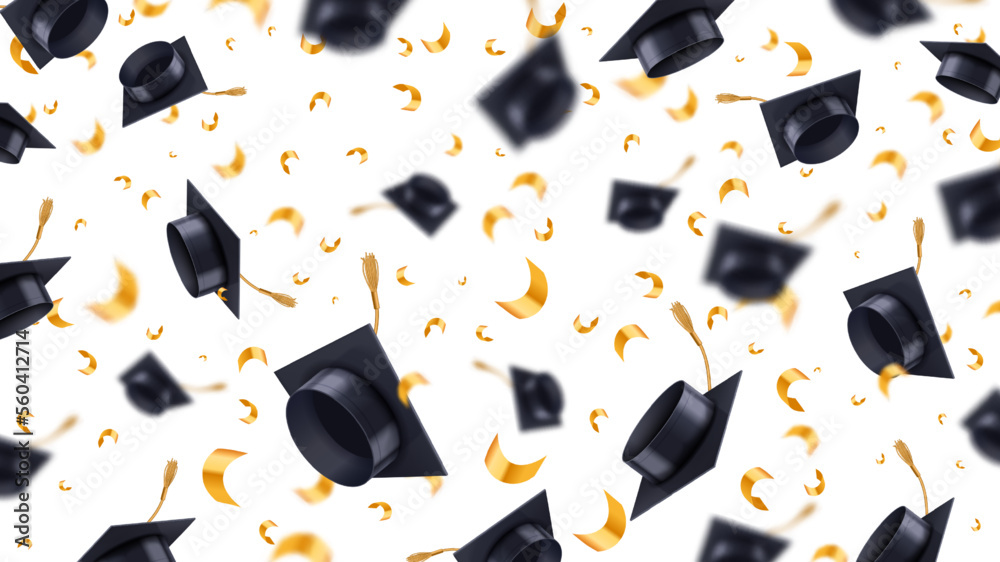 Graduation caps thrown in air. Flying graduate students hats with golden confetti, education ...